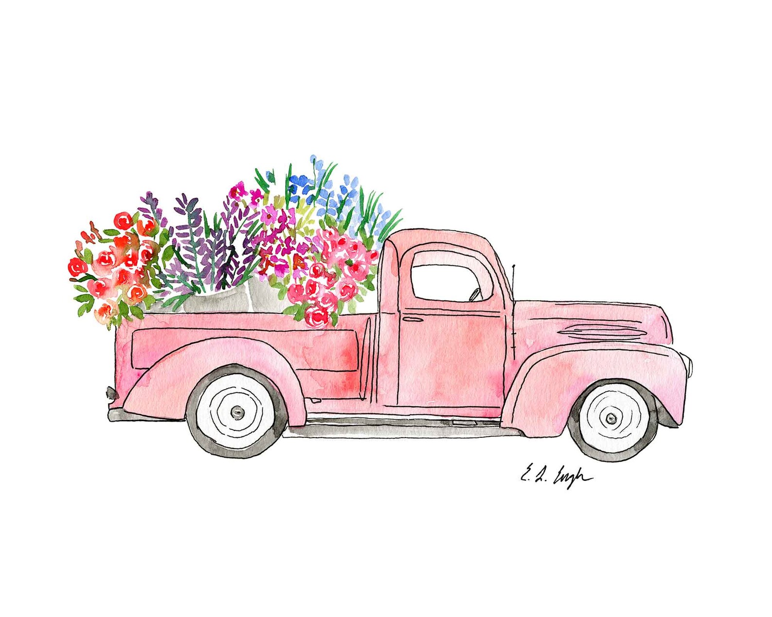 Pink Flowers Truck Printable Art, Watercolor Wall Art, Watercolor ...