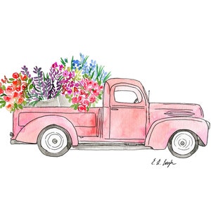 Pink Flowers Truck Printable Art, Watercolor Wall Art, Watercolor ...