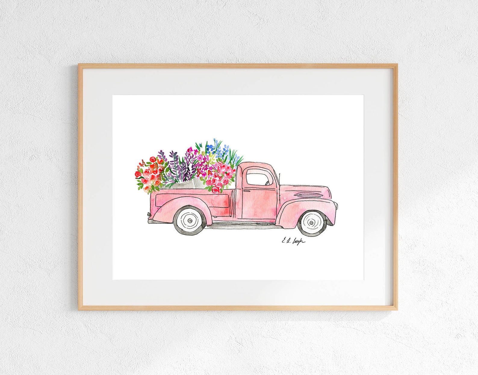 Pink Flowers Truck Printable Art, Watercolor Wall Art, Watercolor ...