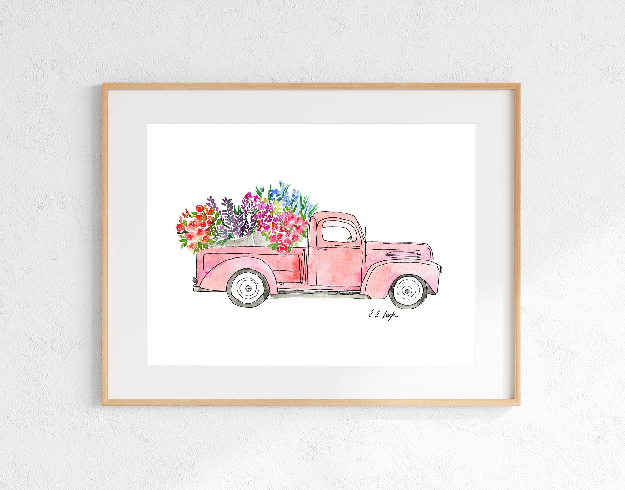 Pink Flowers Truck Printable Art, Watercolor Wall Art, Watercolor ...