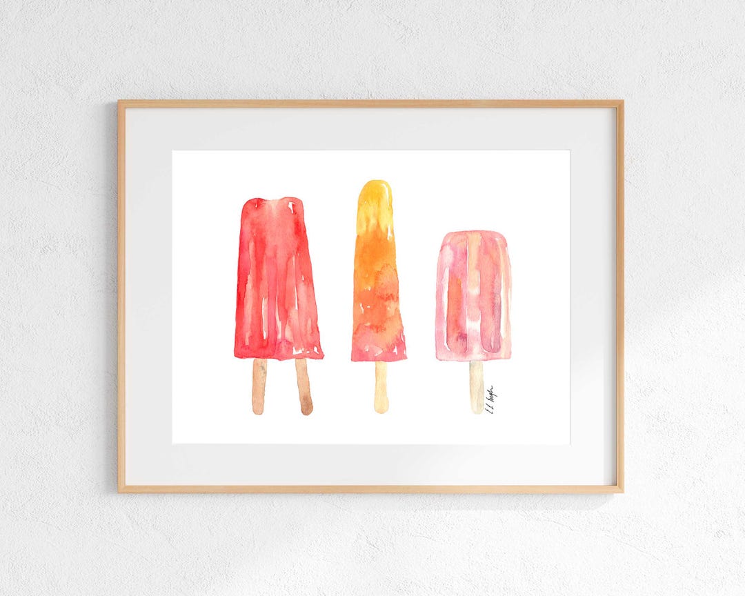 Three Popsicles Watercolor Art, Printable Kitchen Wall Art, Pink Food ...