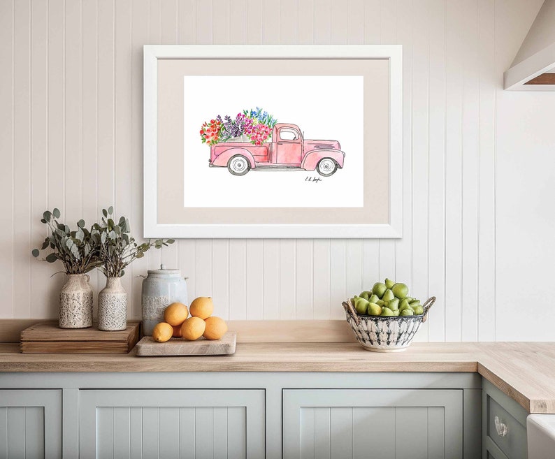 Pink Flowers Truck Printable Art, Watercolor Wall Art, Watercolor ...
