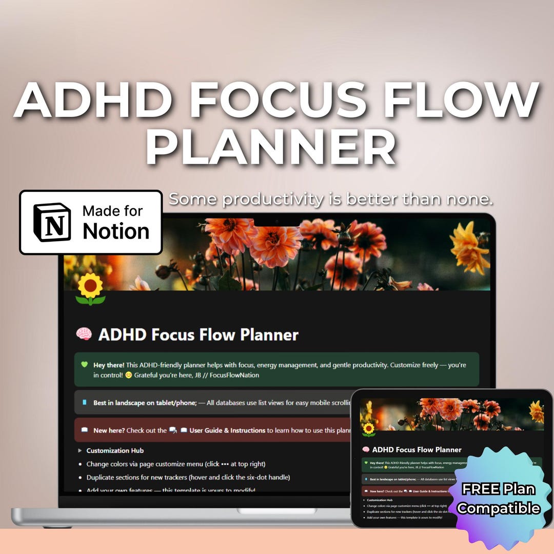 ADHD Notion Template | Focus Flow Planner for Gentle Productivity - Etsy