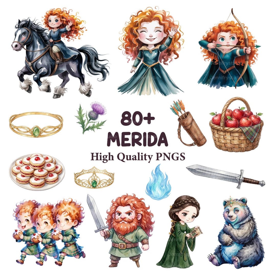 Merida Brave Watercolor Clipart Bundle | Celtic Princess 80 PNG ...