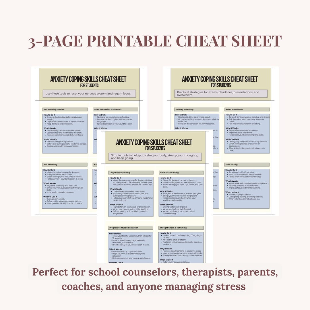 Student Anxiety Coping Skills Cheat Sheet - Etsy