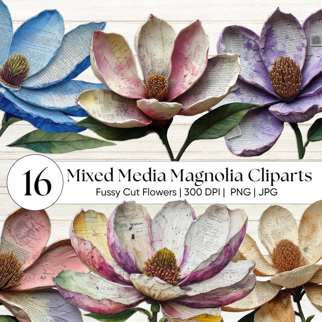Mixed Media Magnolia Fussy Cut PNG - Vintage Botanical Clipart ...