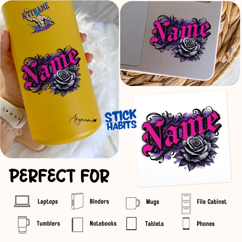 Custom Name Transparent Sticker, Personalized Retro Vintage Rose ...