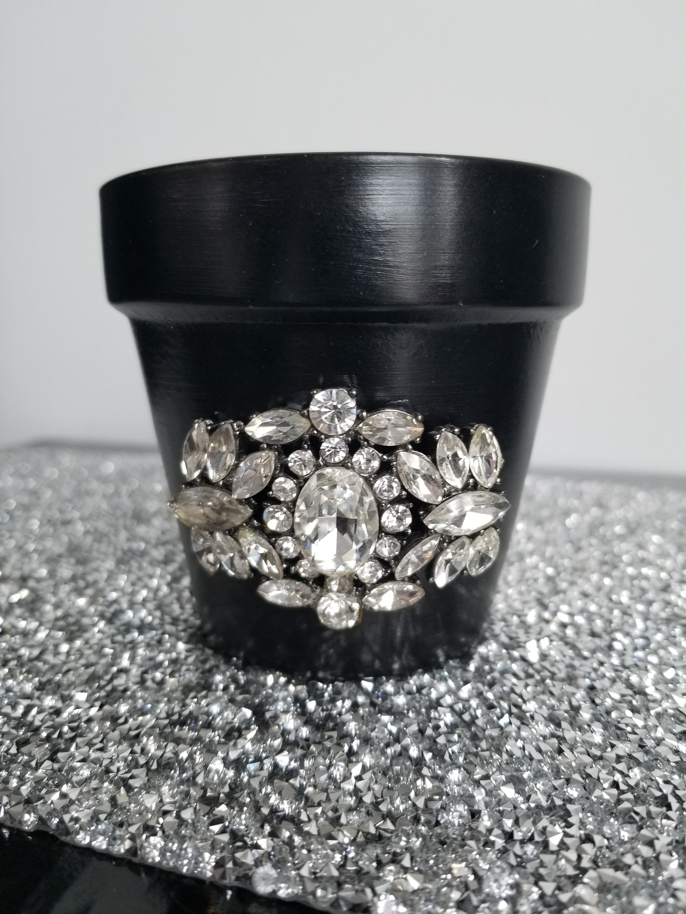 Black Rhinestone Bling Planter Flower , Black Flower Pot, Bling Flower ...