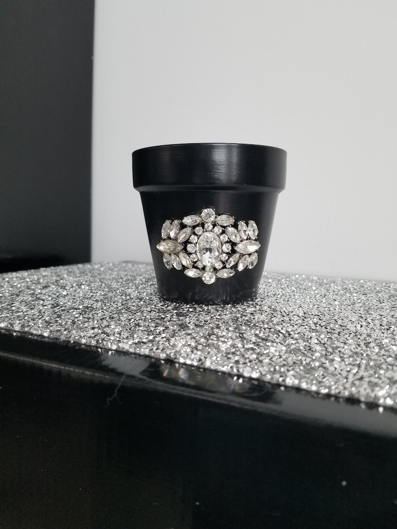 Black Rhinestone Bling Planter Flower , Black Flower Pot, Bling Flower ...