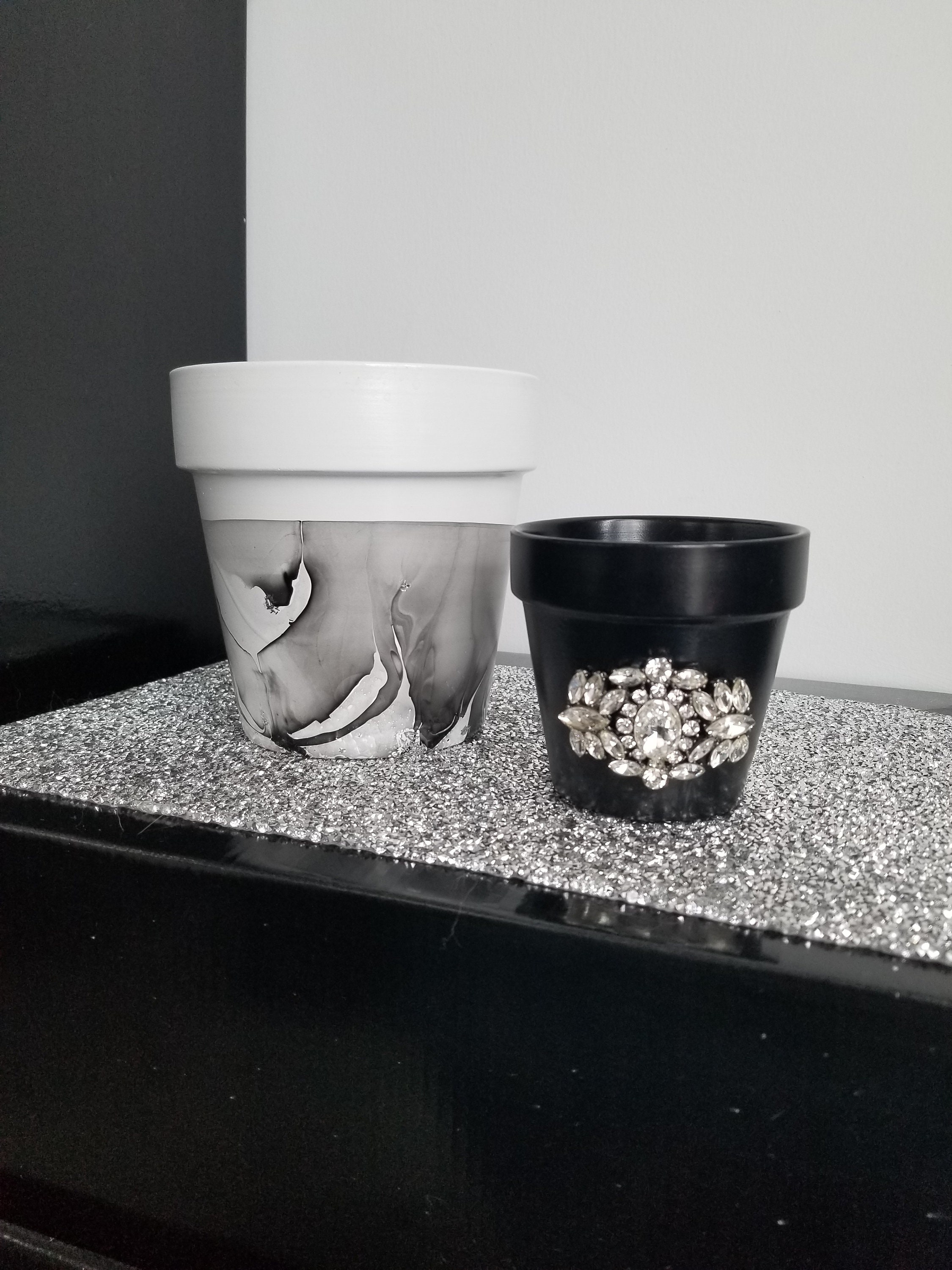 Black Rhinestone Bling Planter Flower , Black Flower Pot, Bling Flower ...