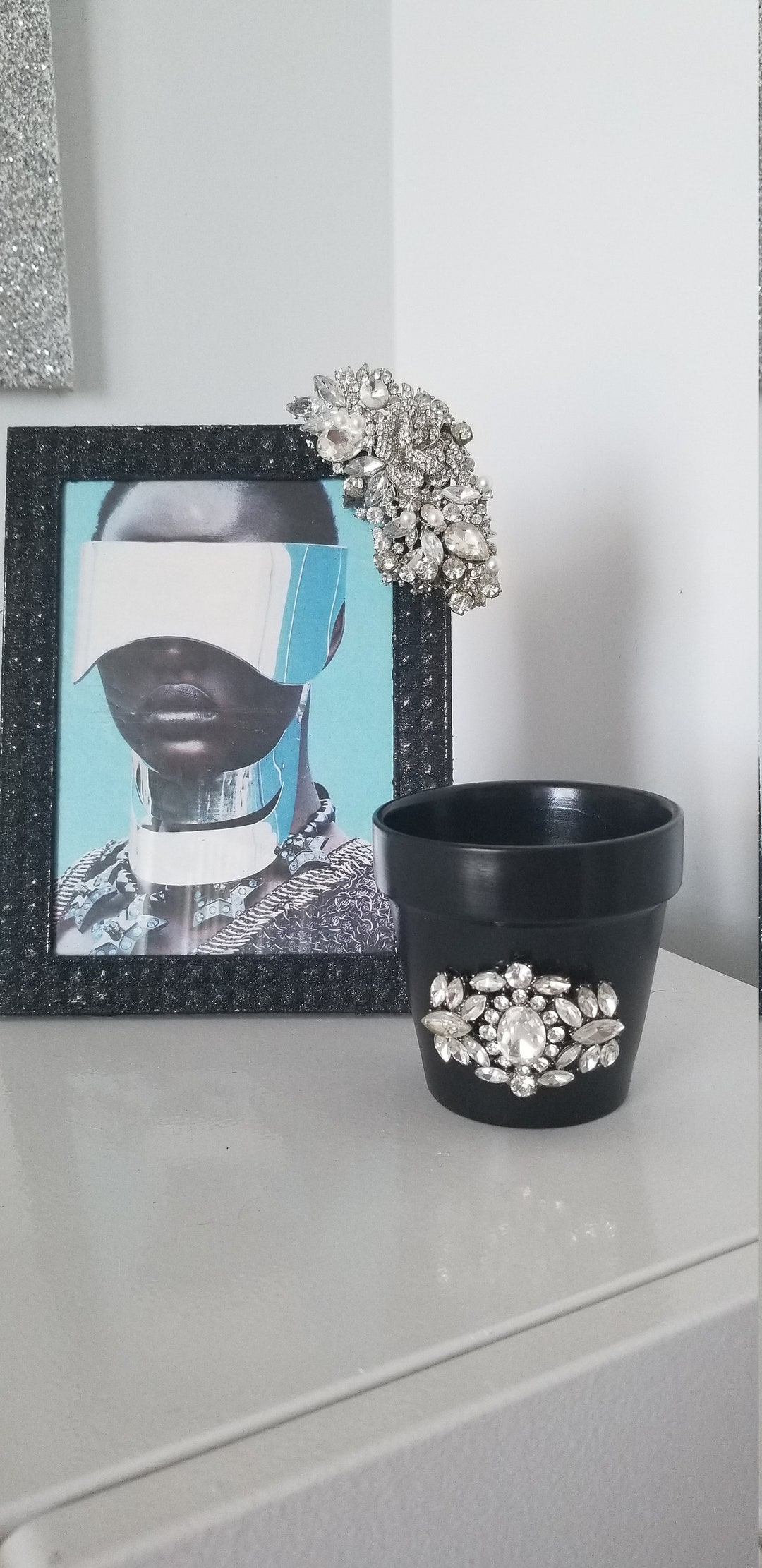 Black Rhinestone Bling Planter Flower , Black Flower Pot, Bling Flower ...