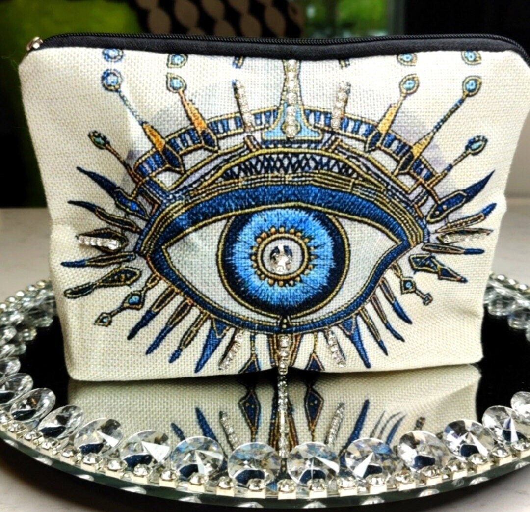 Evil Eye Rhinestone Makeup Bag, Evil Eye Bling Travel Bag, Evil Eye Storage Bag, Rhinestone ...