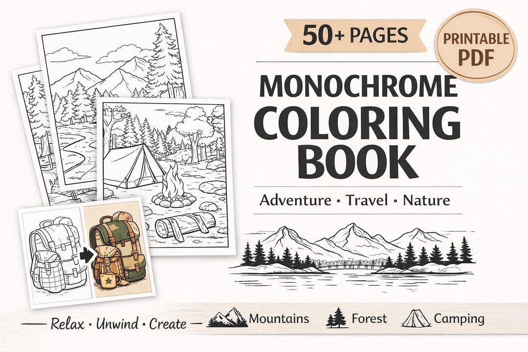 Monochrome Coloring Book Pages, One-colour Printable PDF Sheets ...