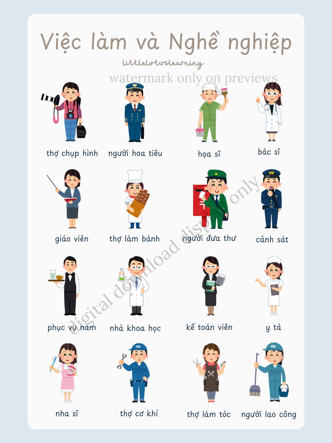 Vietnamese Jobs and Careers Poster, Bilingual Kids Learning (digital ...