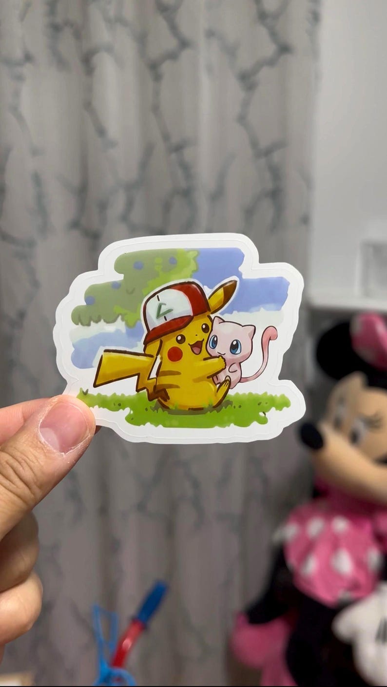 Pikachu Mew Hugging Plush Sticker | Pastel Kawaii Anime Vinyl Decal ...