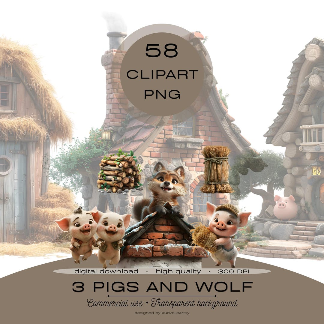 Three Little Pigs Clipart PNG Bundle, Watercolor Fairytale, Big Bad ...