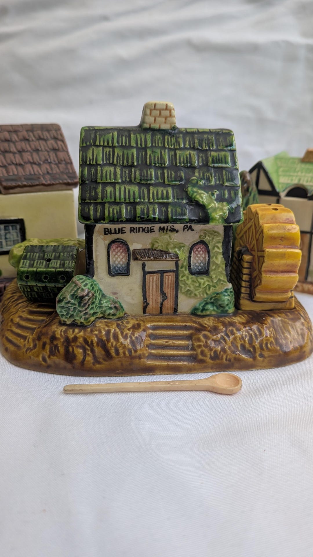 Vintage Ceramic Cottage House Salt Cellar Set With Wooden Spoon | Made ...