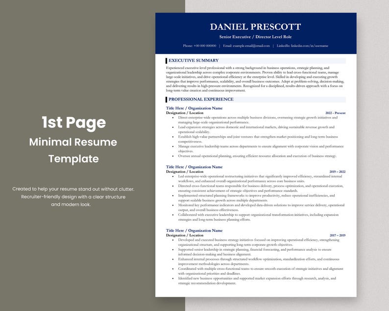 Executive Resume Template Word, Google Docs CV, Professional 2 Page ...