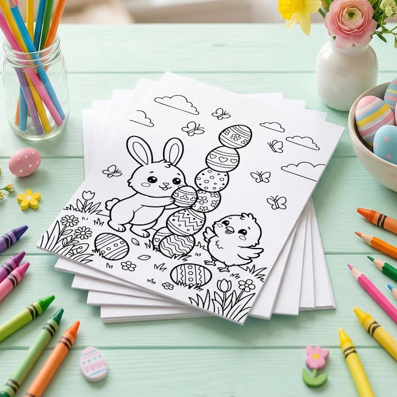 Easter Bunny Coloring Pages for Kids Printable, Cute Bunny Chick Egg ...