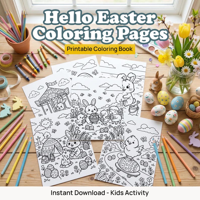 Easter Bunny Coloring Pages Printable for Kids, Cute Bunny Chick Egg ...