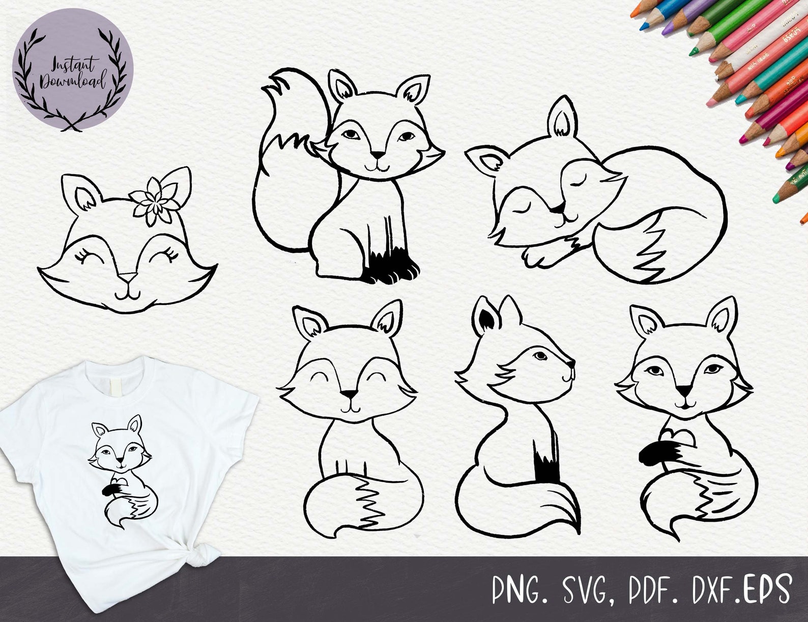 Cute Fox SVG Bundle, Line Art Fox Svg, Foxes Set Png, Fox Cut Files ...