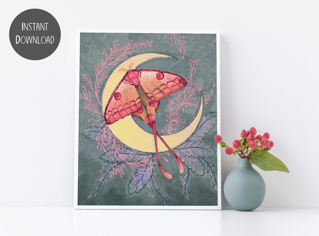 Mystical Comet Moth Printable Wall Art Pink & Green, Instant Download ...