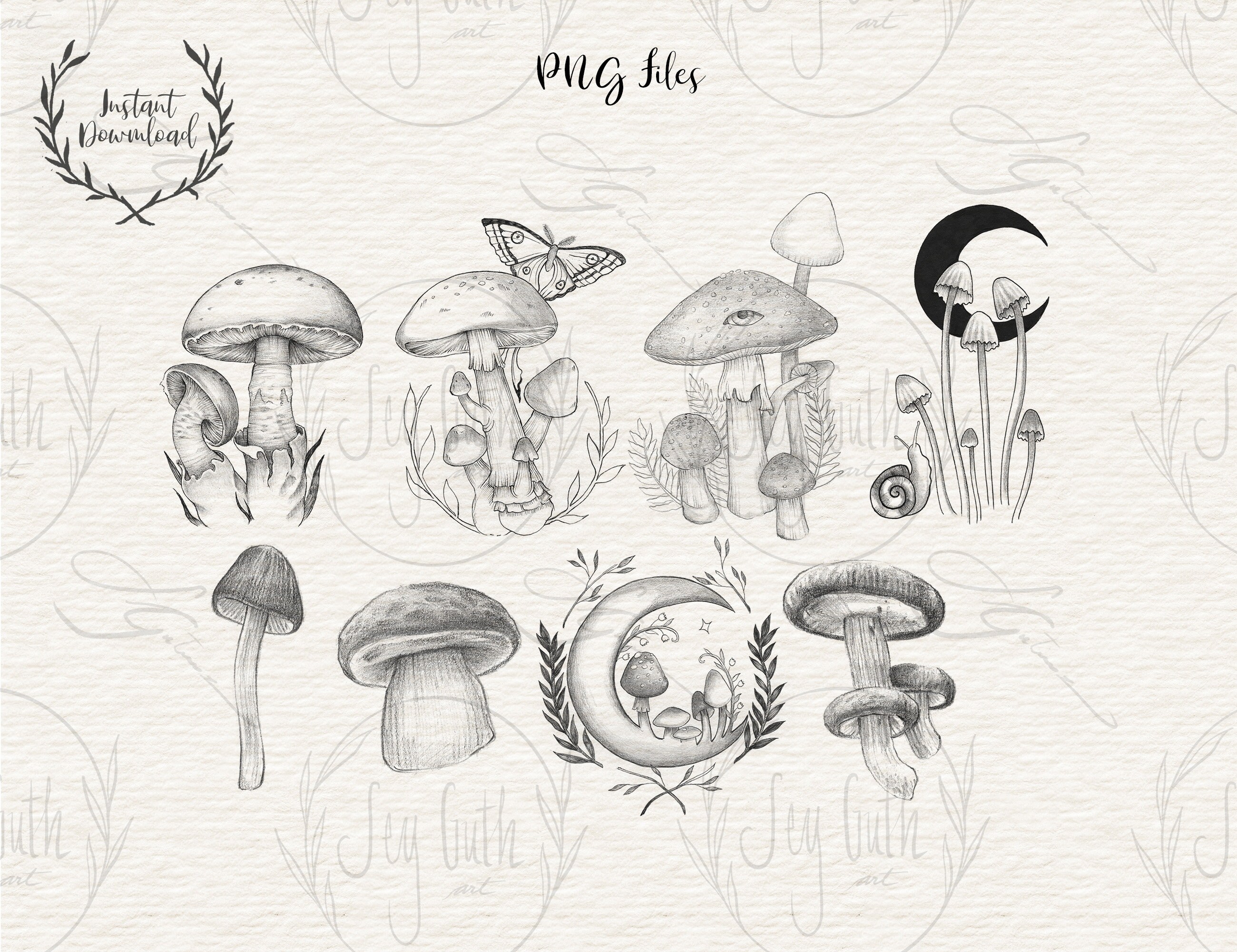 Hand Drawn Mystical Mushroom Clipart, Mushroom Doodle Digital Download ...