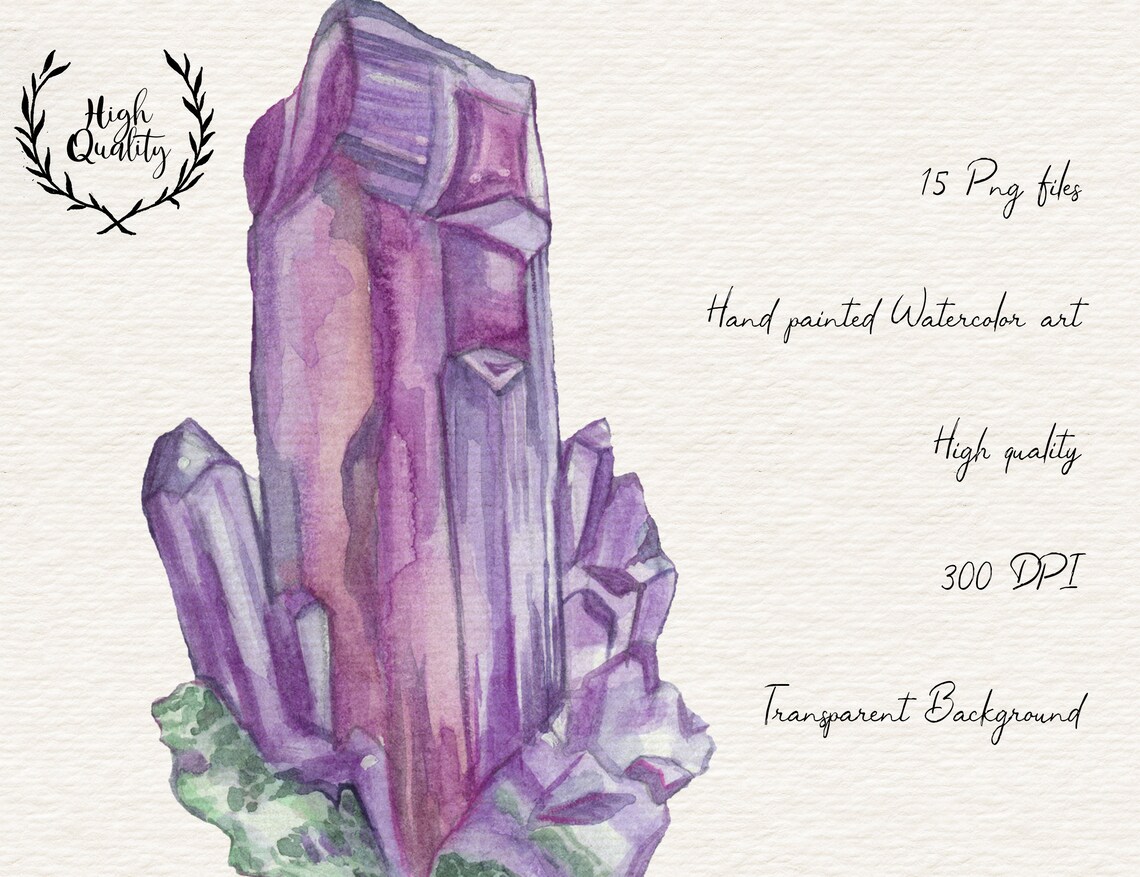 Watercolor Crystal & Gems Clipart, Hand Painted Crystal Illustration ...