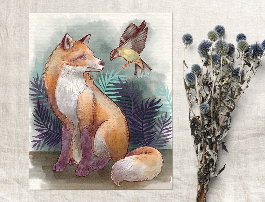 Watercolor Fox and Bird Printable Art, Woodland Nursery Decor (digital ...