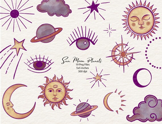Boho Cosmo Clipart Sun Moon & Planets Png Files Mystical - Etsy