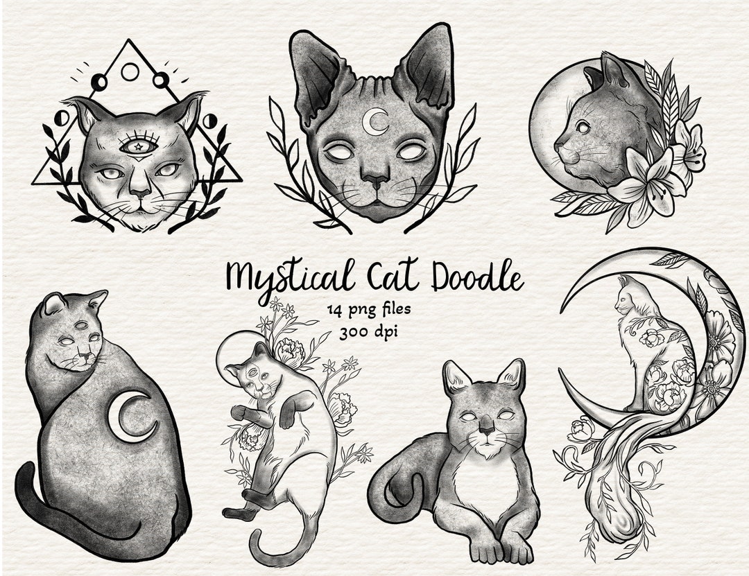 Mystical Moon Cat Clipart, Cats Doodle Digital Download, 14 Png Files ...