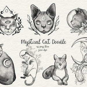 Mystical Moon Cat Clipart, Cats Doodle Digital Download, 14 Png Files ...