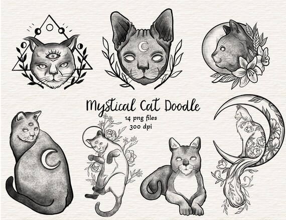 Mystical Moon Cat Clipart Cats Doodle Digital Download 14 - Etsy