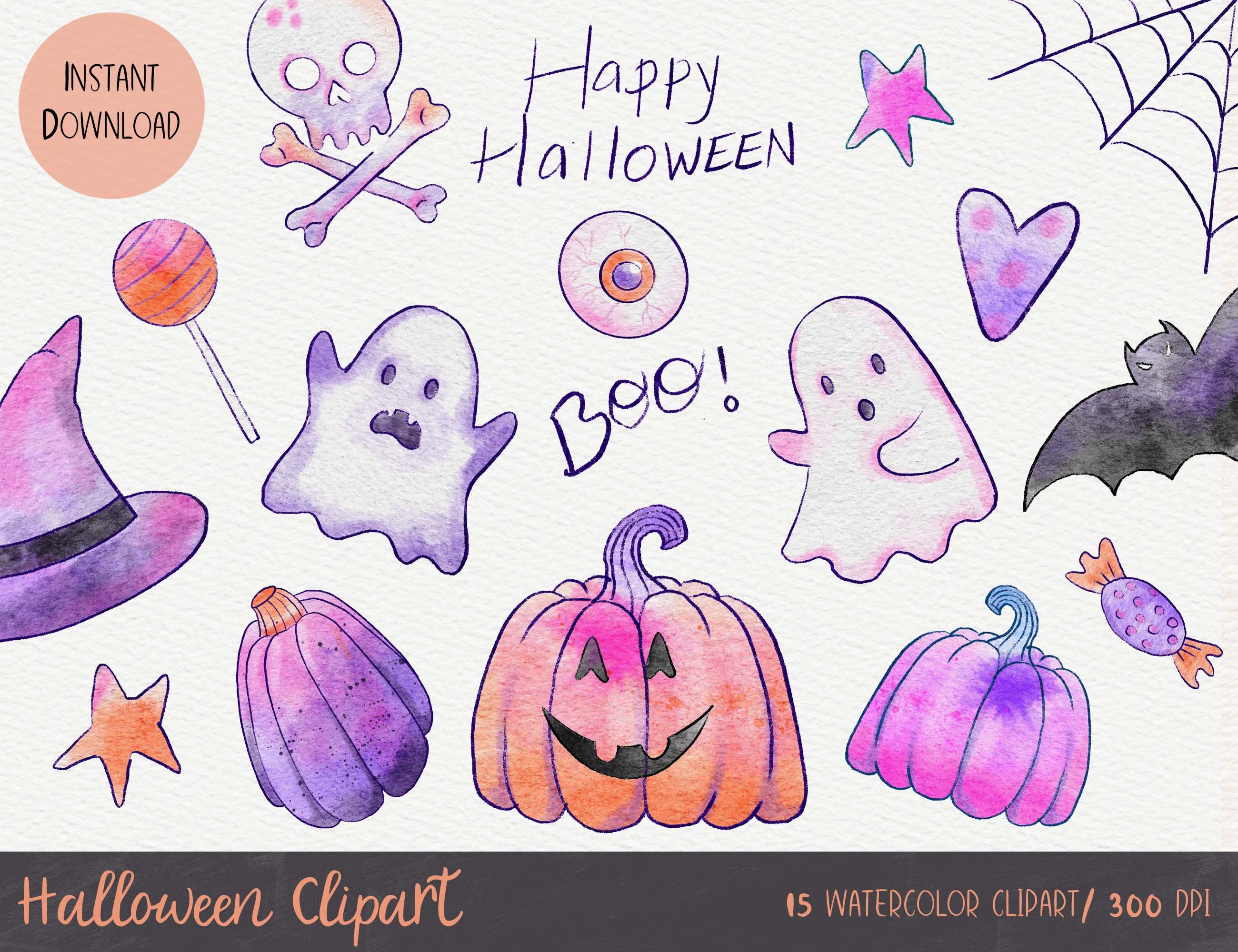 Cute Halloween Clipart Bundle, Pink Halloween Party Decor, Ghost ...