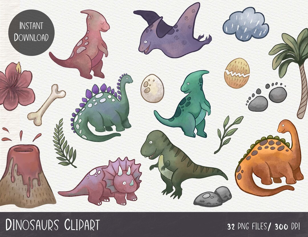 Watercolour Dinosaur Clipart, Nursery Dinosaurs, T Rex, Triceratops ...