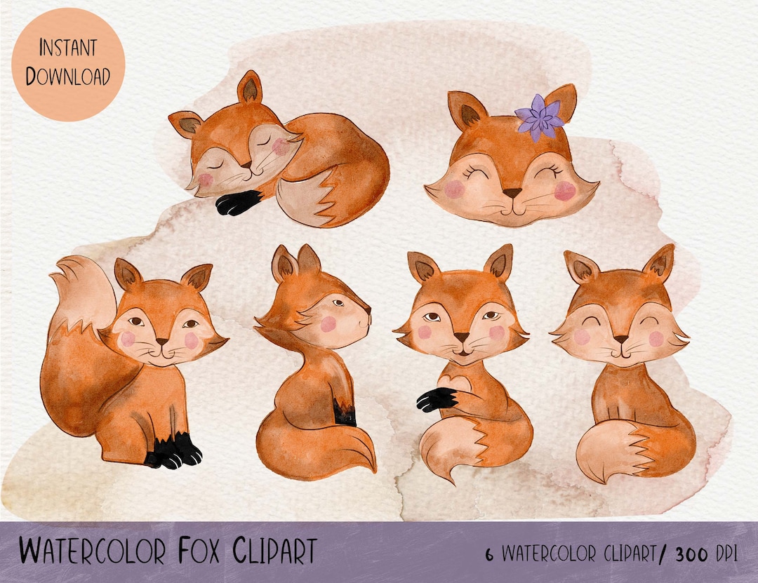 Watercolor Fox Clipart, Cute Fox PNG, Nursery Woodland Animal Clipart ...