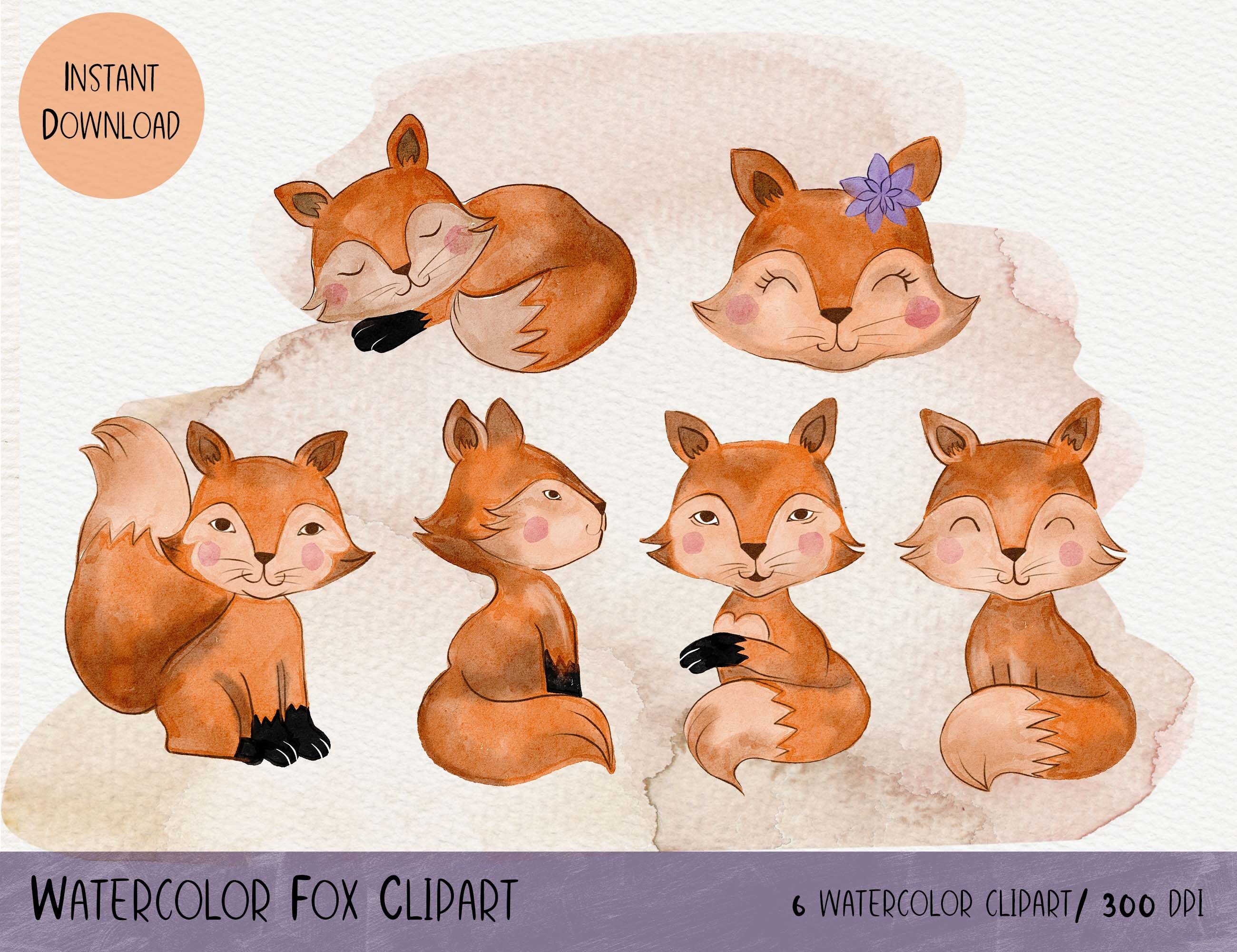 Watercolor Fox Clipart, Cute Fox PNG, Nursery Woodland Animal Clipart ...