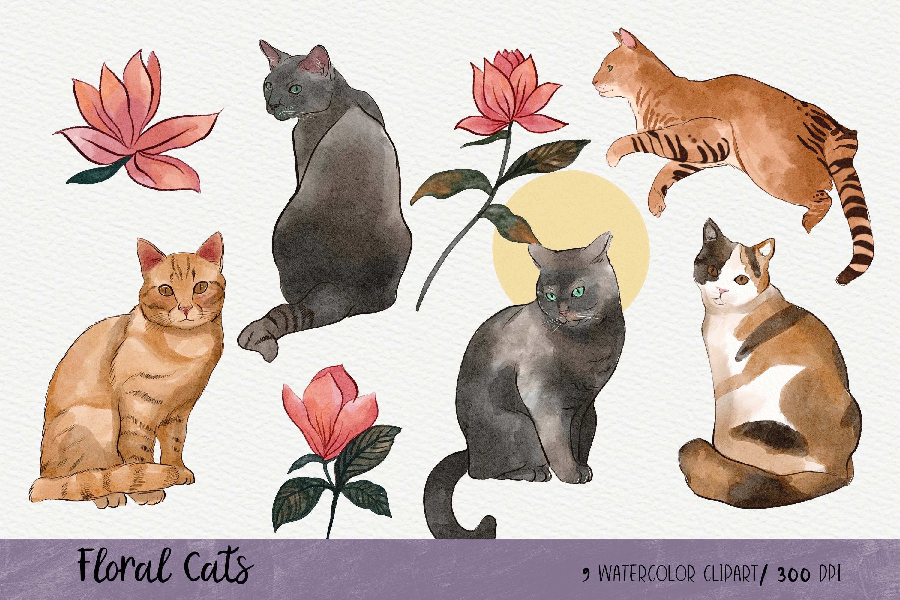 Floral Cat Clipart, Cats Digital Download, 9 Png Files, INSTANT ...