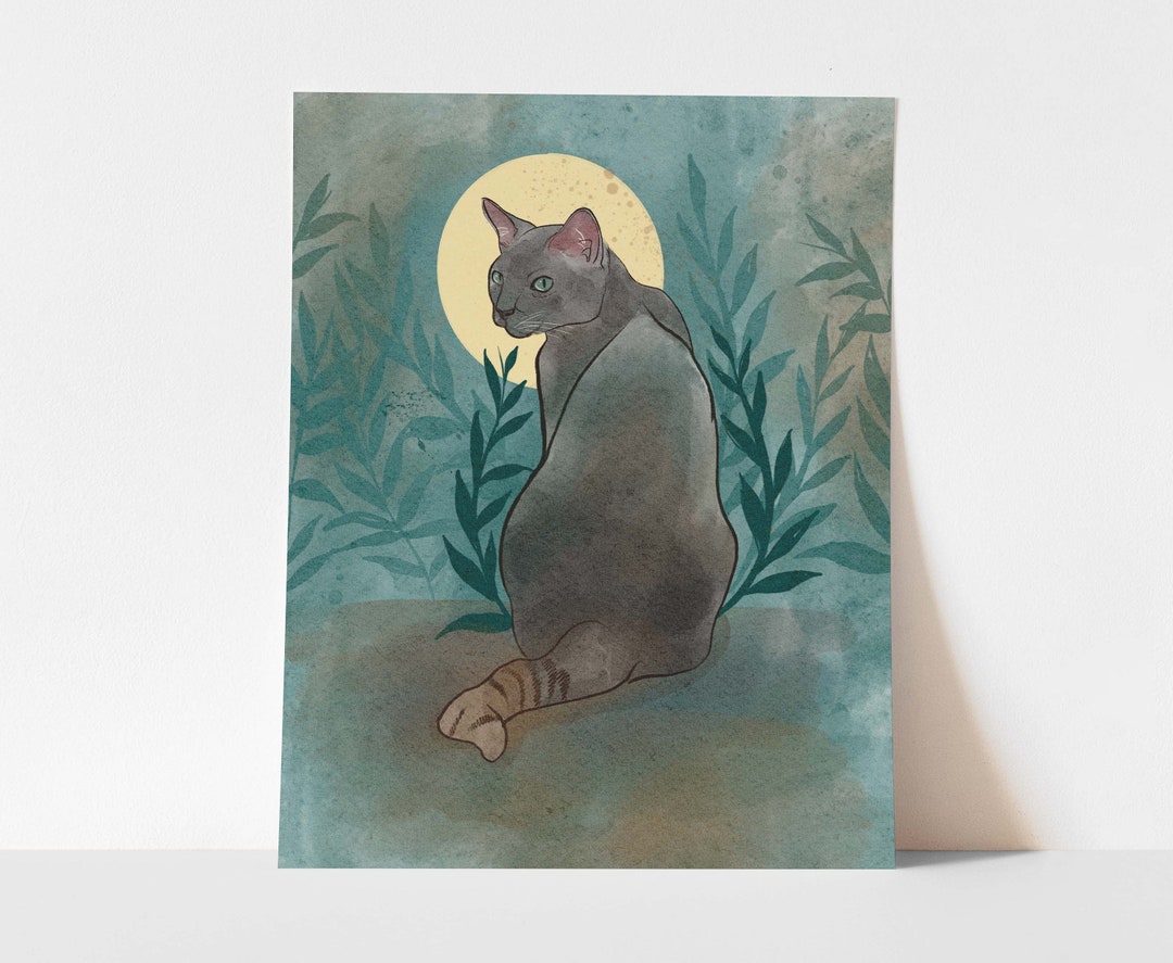 Botanical Moon Cat Art Print, Mystical Illustration (digital Download ...
