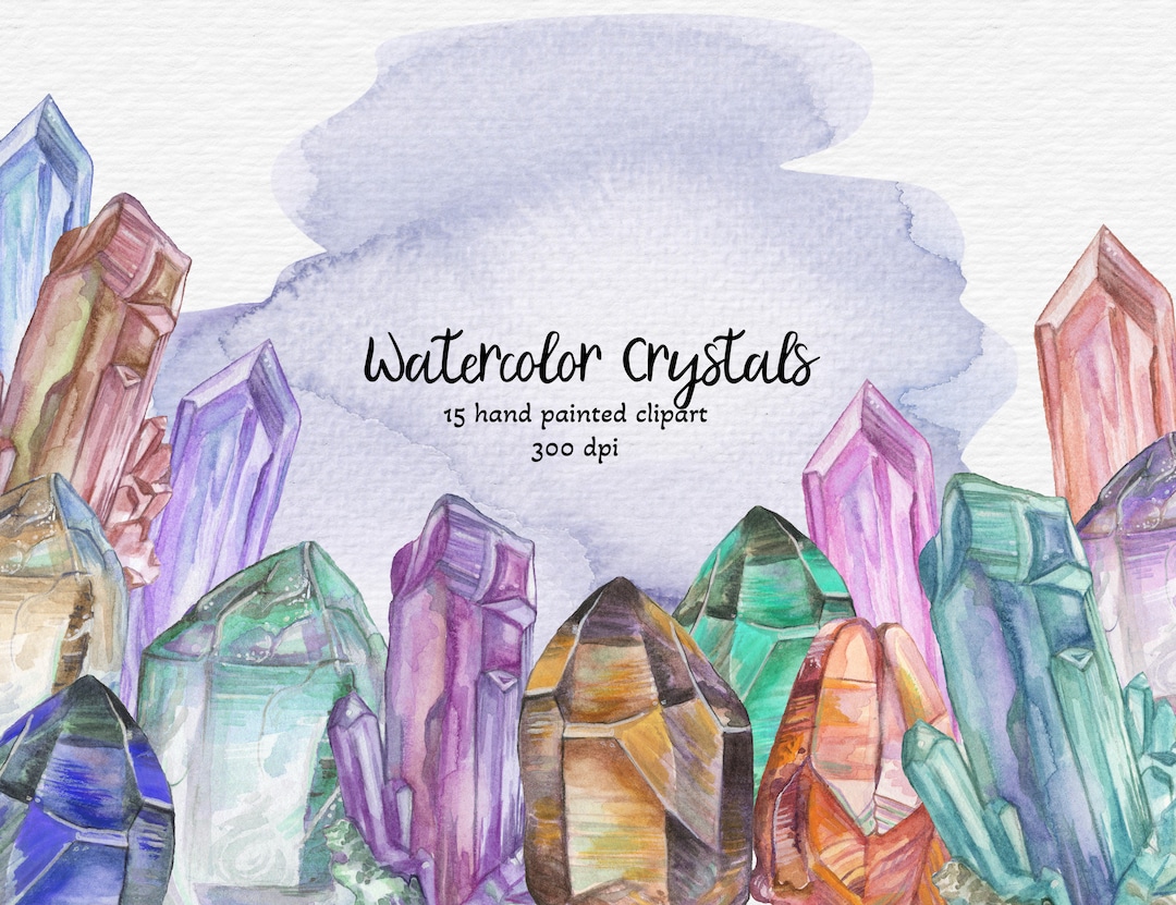 Watercolor Crystal & Gems Clipart, Hand Painted Crystal Illustration ...