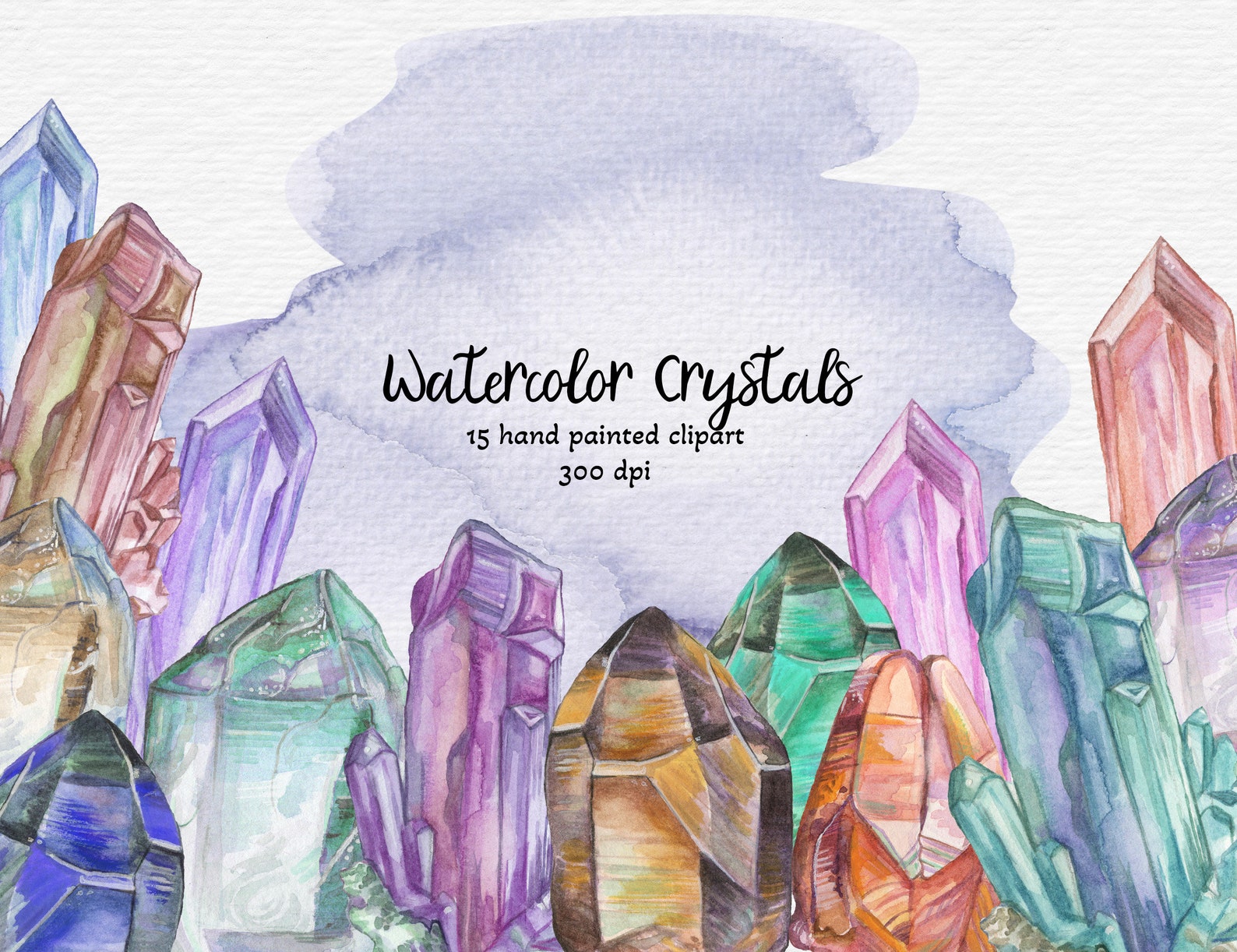 Watercolor Crystal & Gems Clipart, Hand Painted Crystal Illustration ...