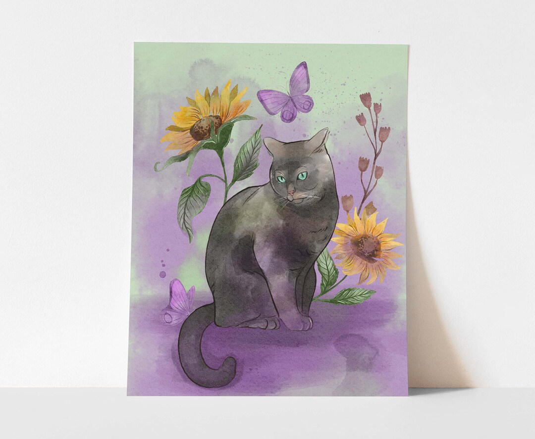 Sunflower Cat Watercolor Print, Floral Illustration (instant Download ...