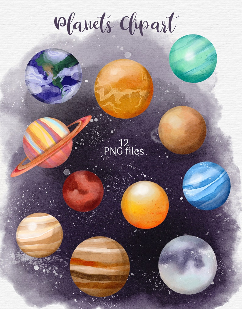 Planets Clipart, Watercolor Outer Space Png, Galaxy Graphics, Solar ...