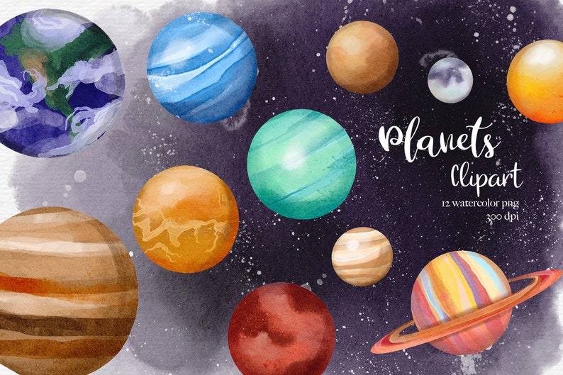 Planets Clipart, Watercolor Outer Space Png, Galaxy Graphics, Solar ...