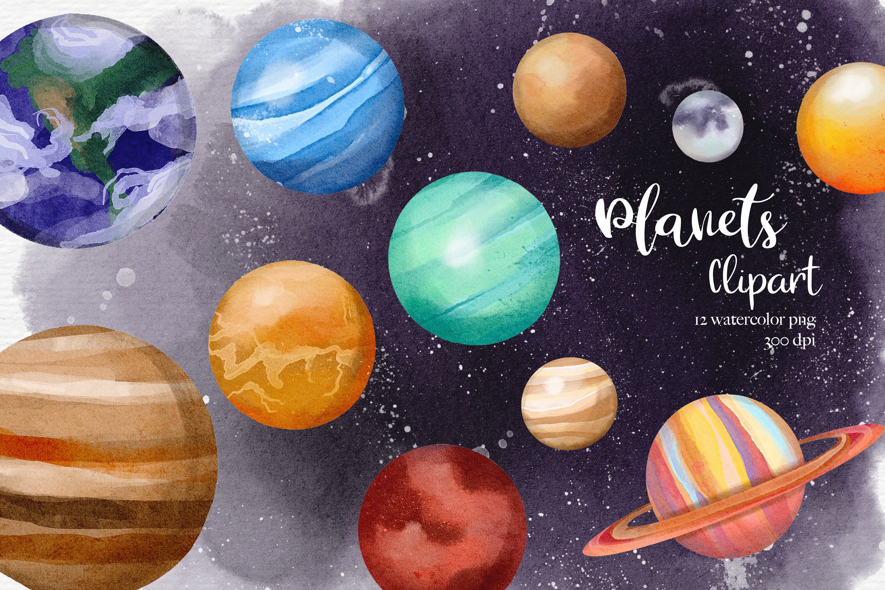 Planets Clipart, Watercolor Outer Space Png, Galaxy Graphics, Solar ...