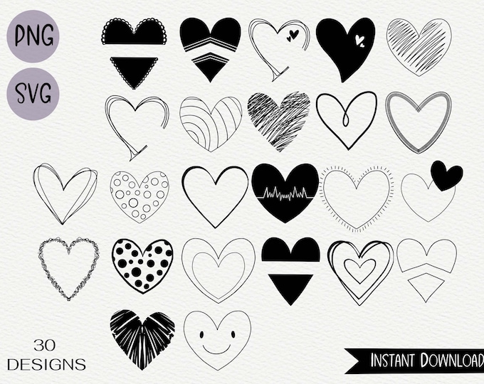 Heart SVG Bundle, Heart Clipart, Doodle Hearts, Valentines Svg, Hand ...