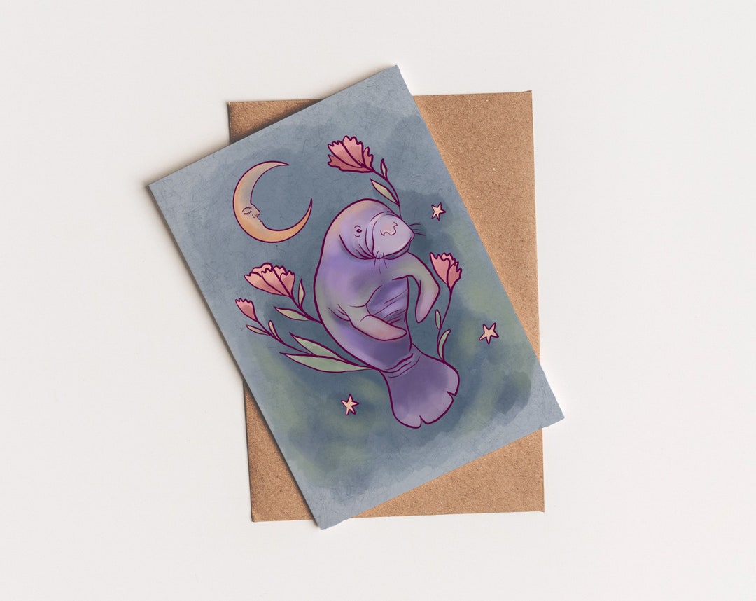 Manatee Greeting Card, Ocean Art Illustration (5x7 Jpeg & PDF - Etsy