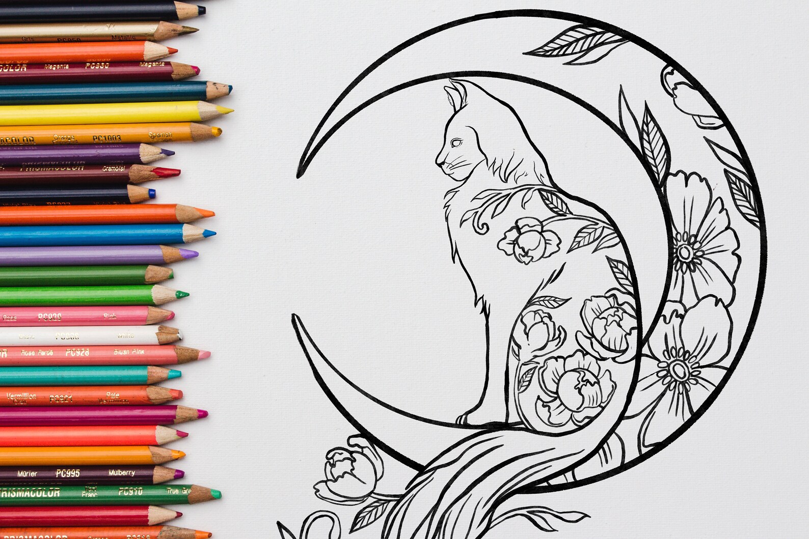 Floral Moon Cat Line Art Design (digital Download) - Etsy