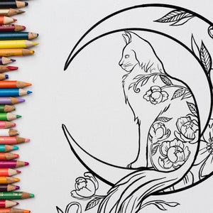 Floral Moon Cat Line Art Design (digital Download) - Etsy