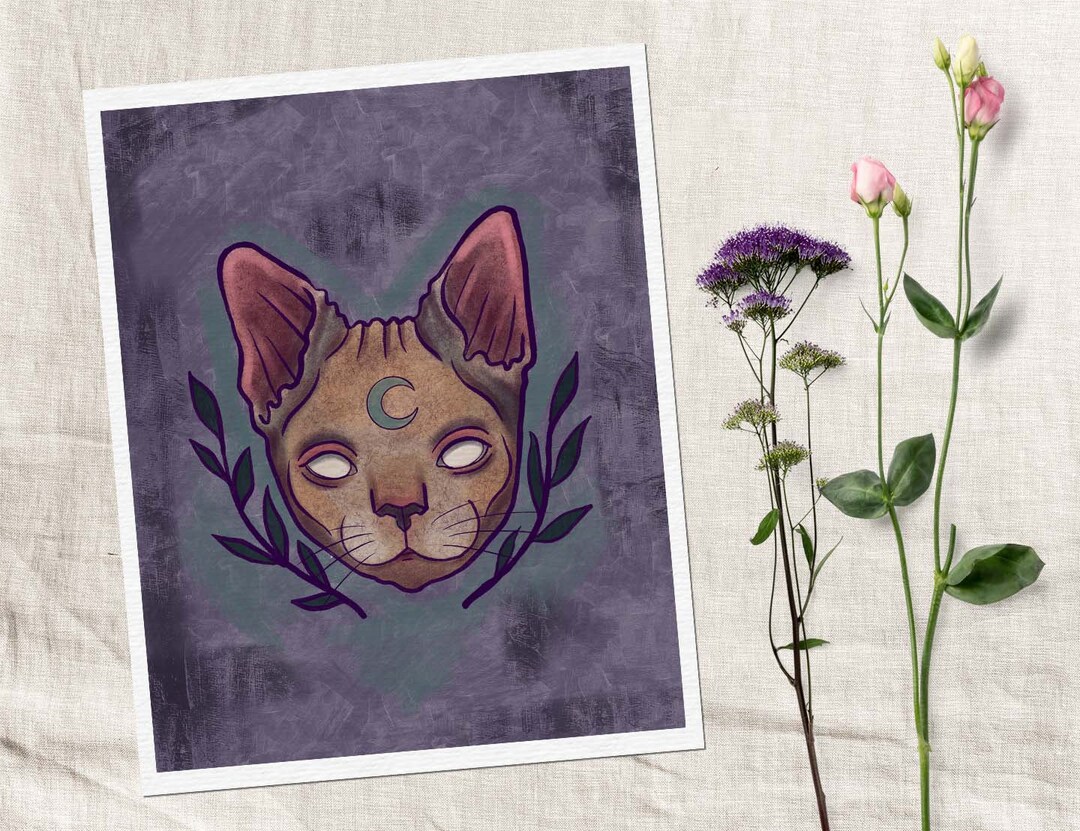 Mystical Sphynx Cat Printable Purple Wall Art Boho Hairless - Etsy
